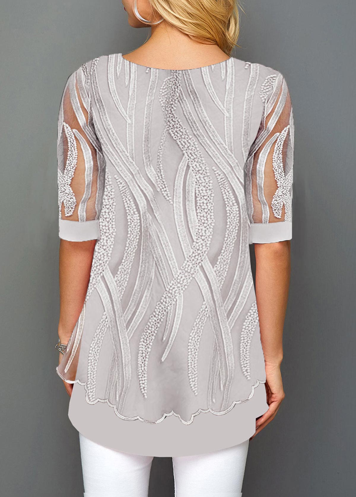 Layered Hem Lace Panel Round Neck T Shirt | modlily.com - USD $33.98