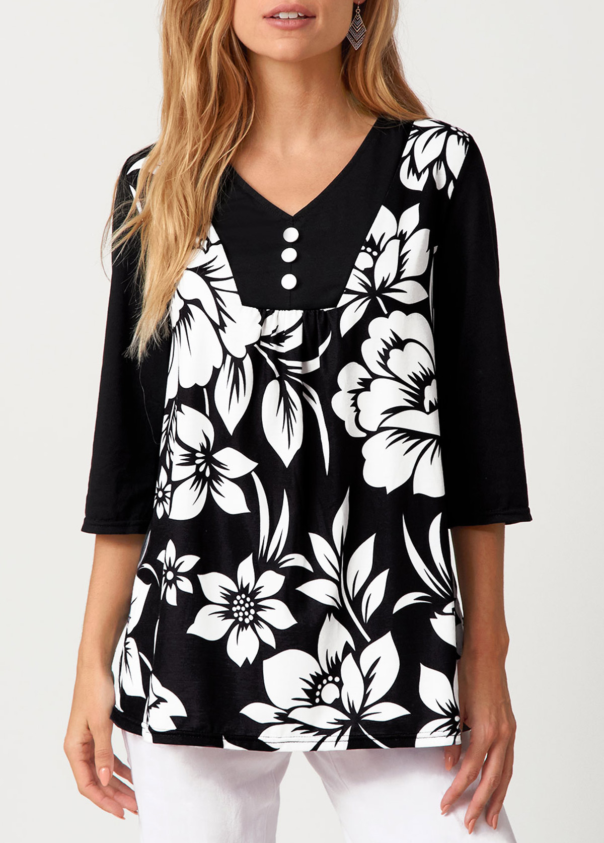 Decorative Button Floral Print T Shirt-an amazing $35.98-Tops for Women ...