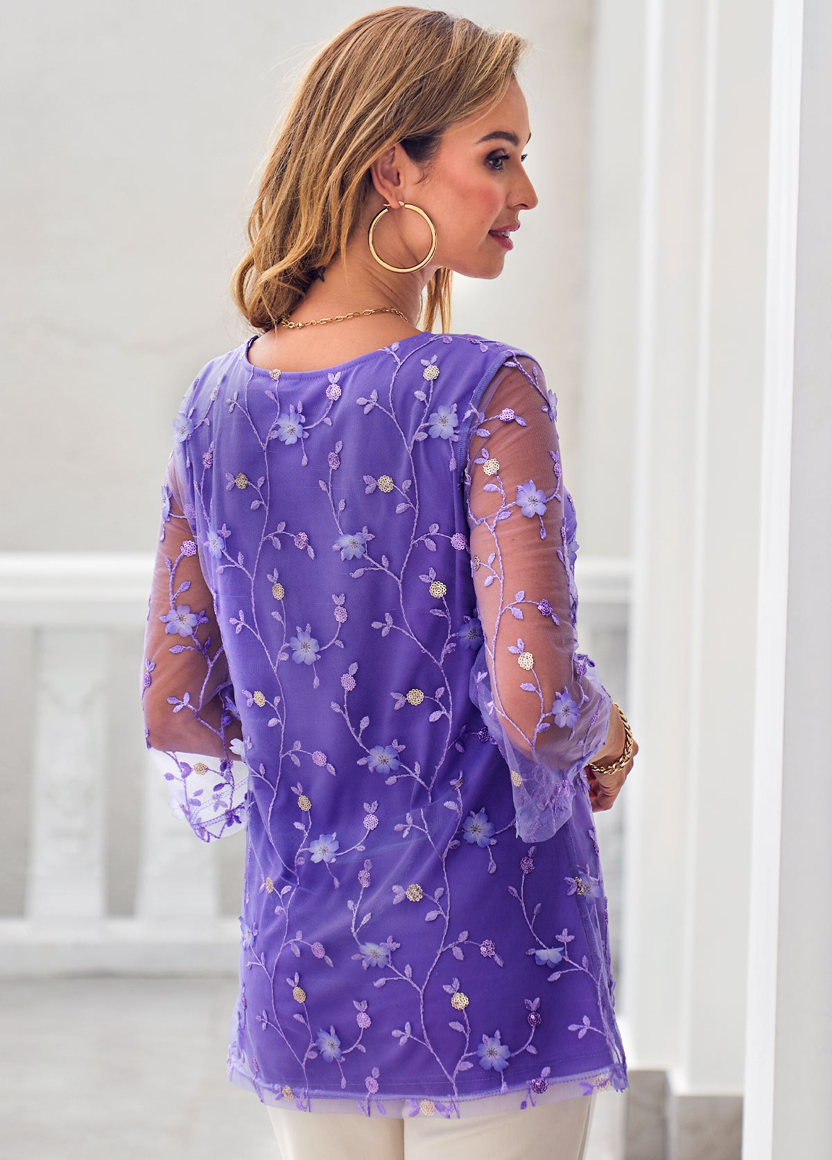 Purple Embroidery 3/4 Sleeve Round Neck Blouse | modlily.com - USD 16.98