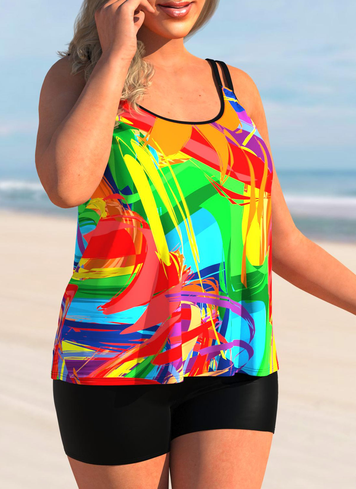 Rainbow Color Stroke Print Wide Strap Tankini Top | modlily.com - USD 24.98