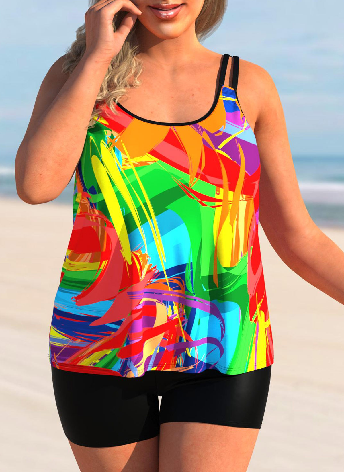 Rainbow Color Stroke Print Wide Strap Tankini Top | modlily.com - USD 24.98