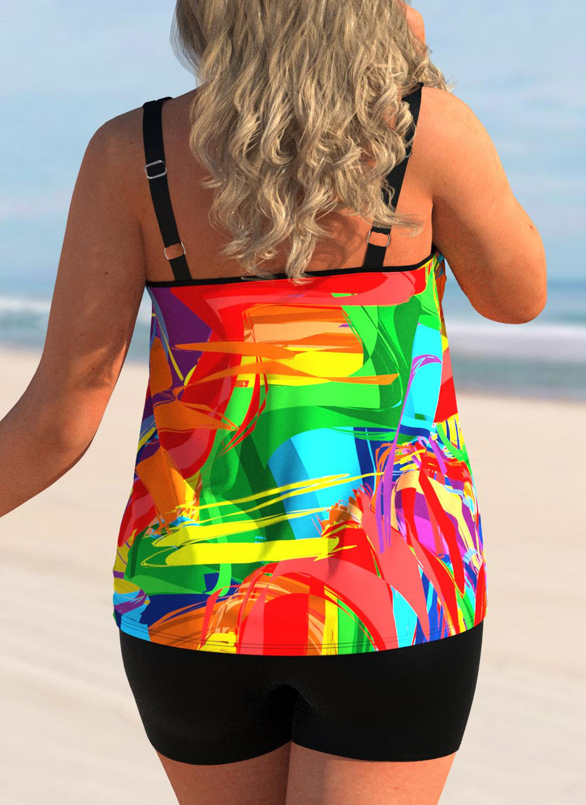 Rainbow Color Stroke Print Wide Strap Tankini Top | modlily.com - USD 24.98