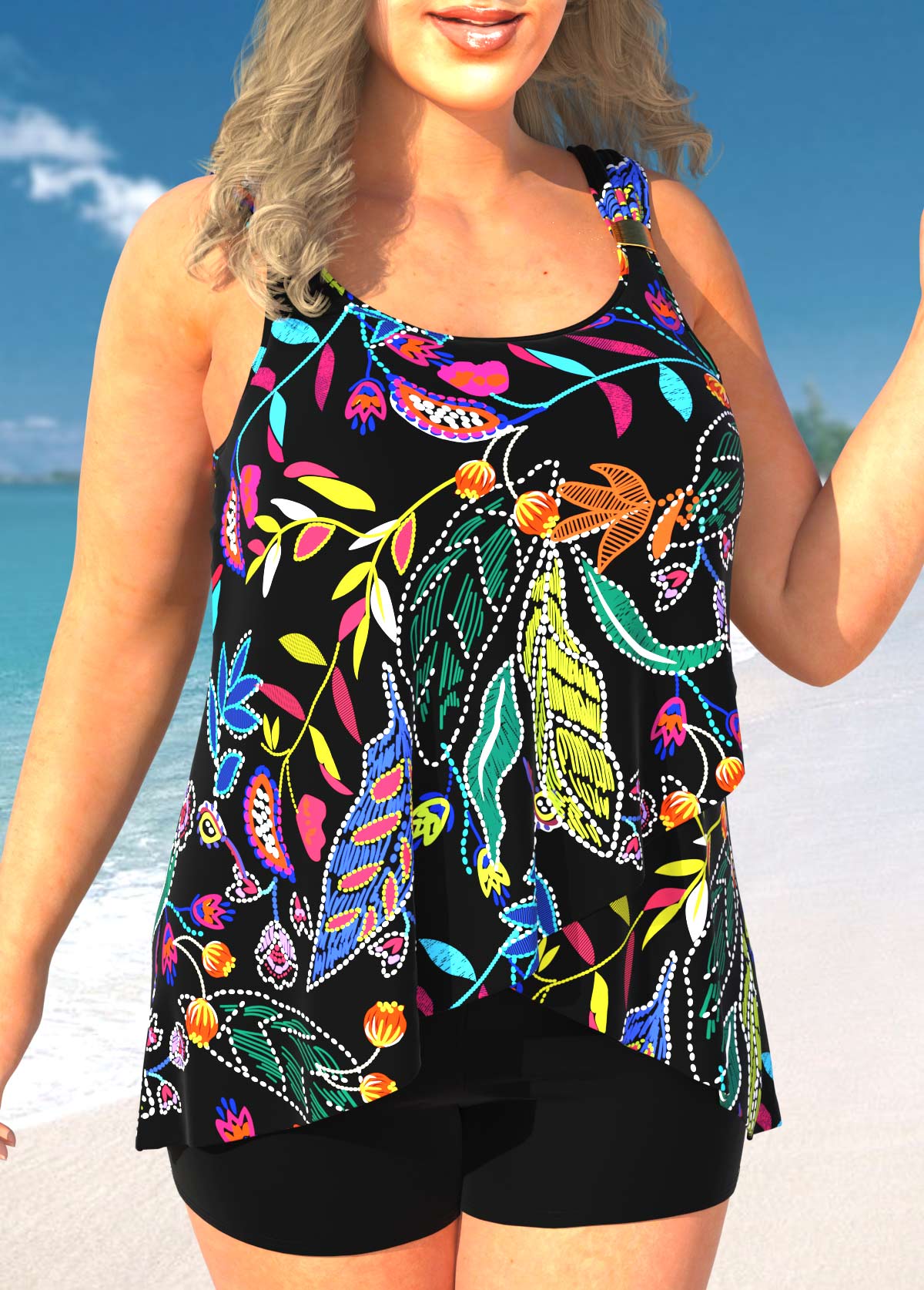 Wide Strap Black Floral Print Tankini Top | modlily.com - USD 27.98