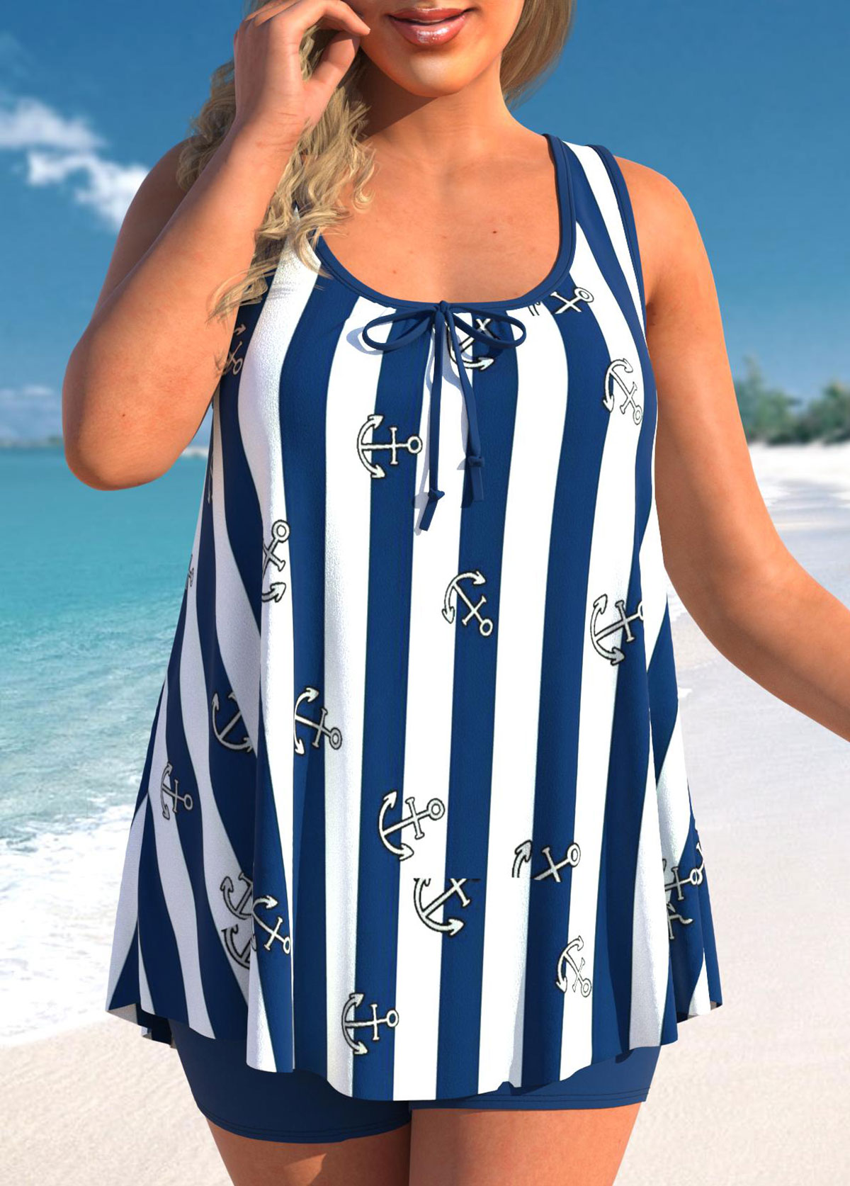 Striped Navy Blue Bowknot Tankini Top | modlily.com - USD 14.98