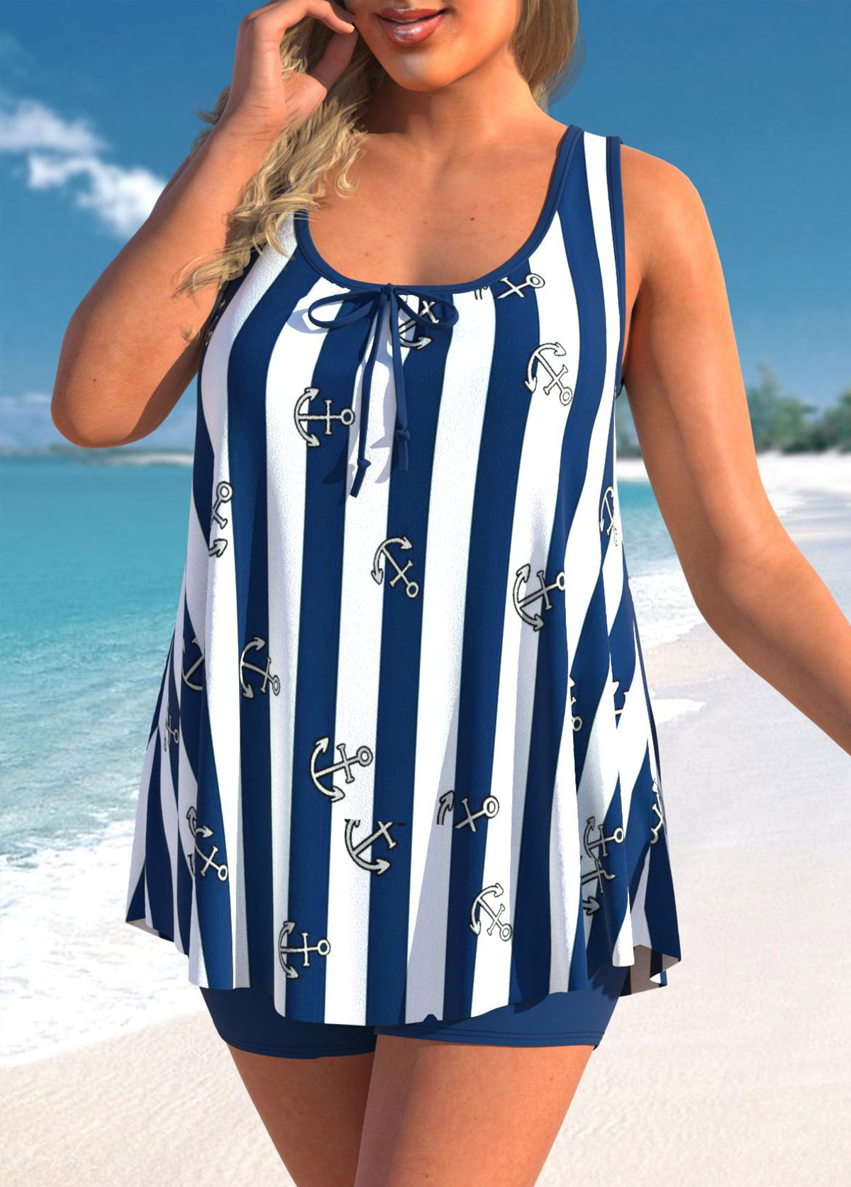 Striped Navy Blue Bowknot Tankini Top | modlily.com - USD 12.98