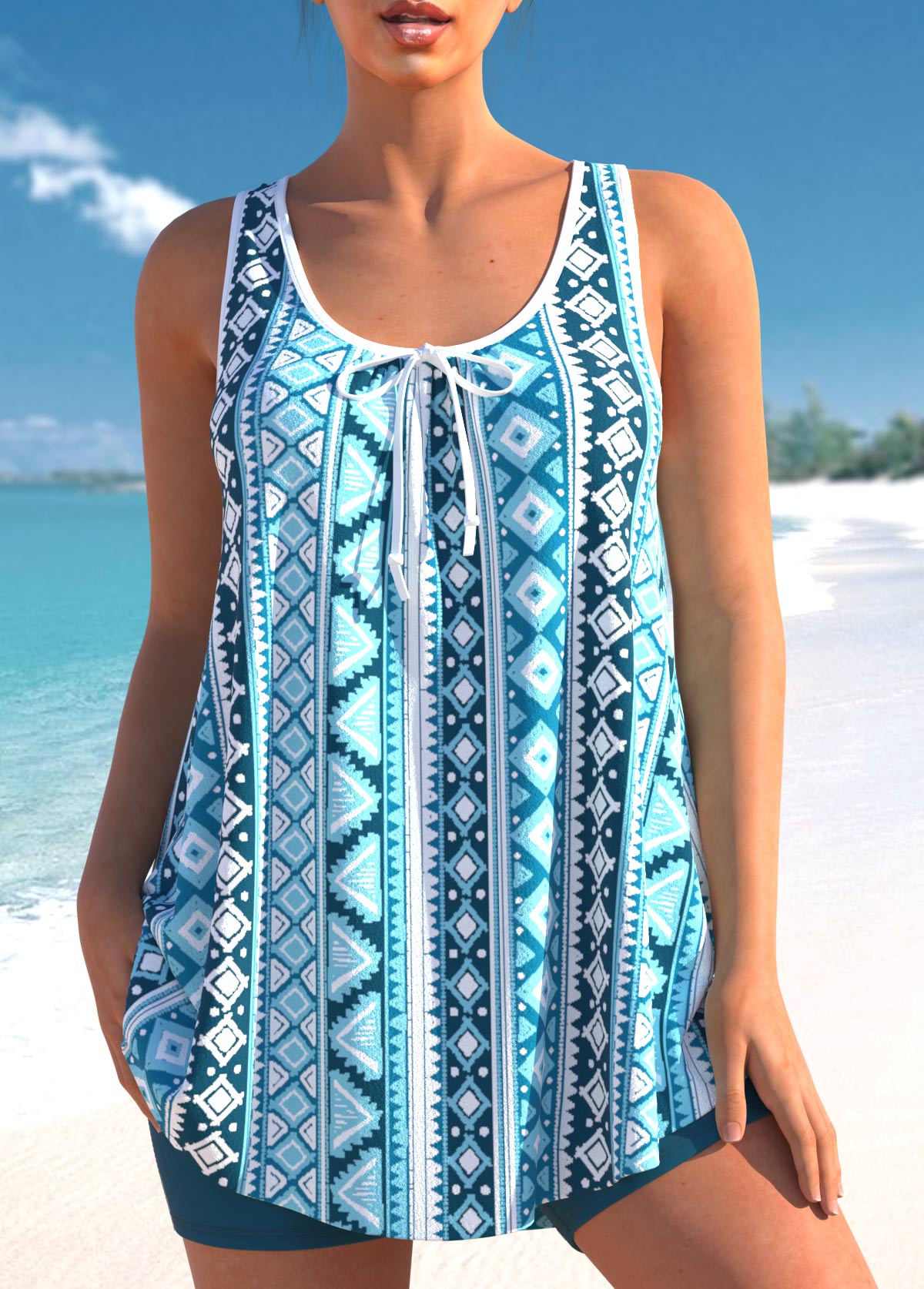 Light Blue Tribal Print Bowknot A-Line Tankini Set – Mid Waisted Wide ...