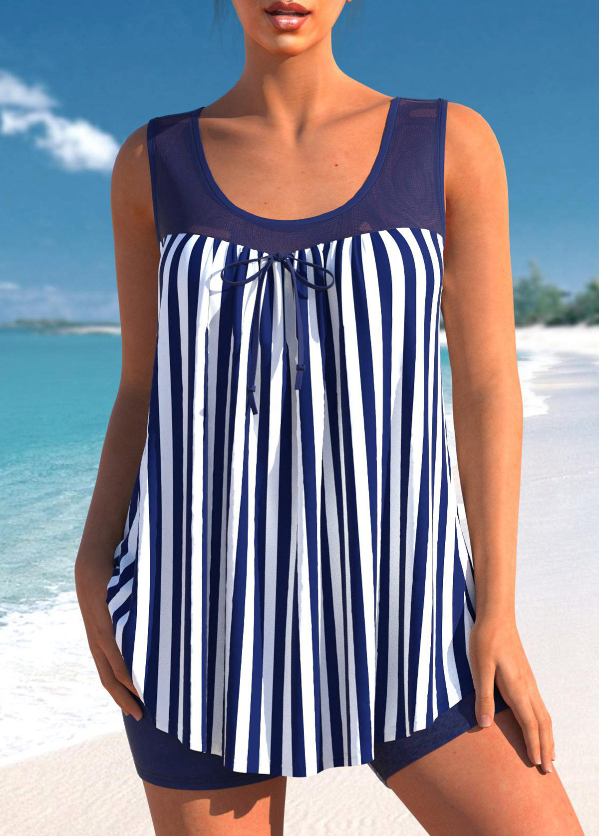 Navy Blue Striped Bowknot A-Line Tankini Set – Mid Waisted Tummy ...