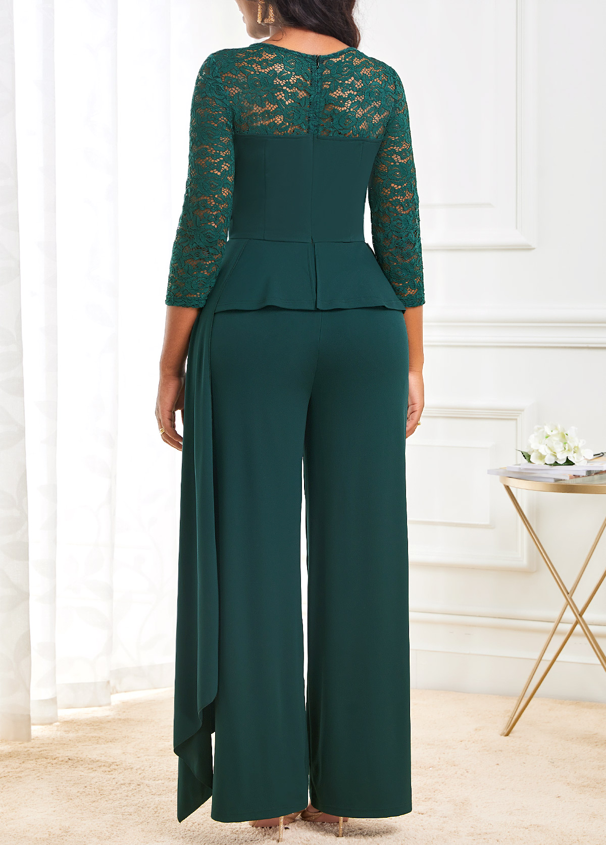 Blackish Green Lace Plus Size 3/4 Sleeve Jumpsuit | modlily.com - USD 42.98