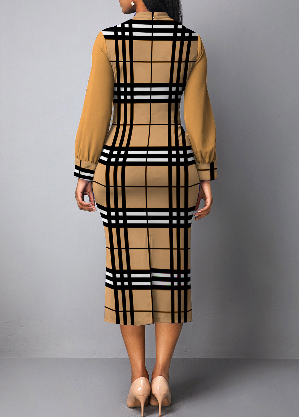 Plus Size Light Camel Patchwork Plaid Long Sleeve Bodycon Dress ...