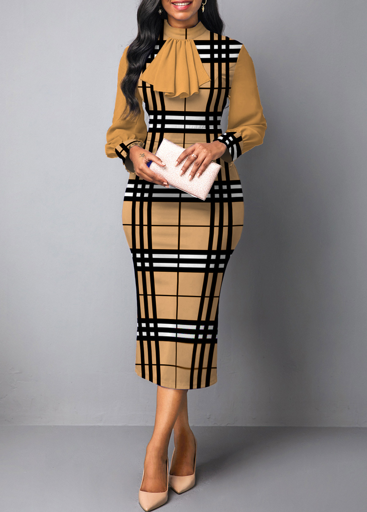 Plus Size Light Camel Patchwork Plaid Long Sleeve Bodycon Dress ...