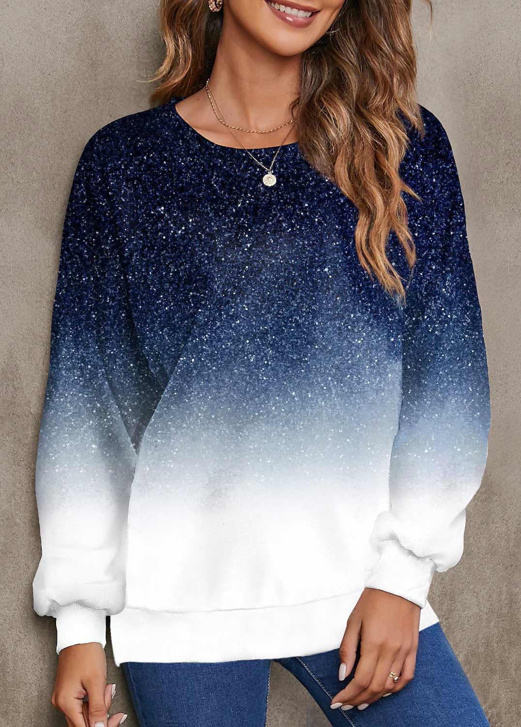 Navy Ombre Long Sleeve Round Neck Sweatshirt | modlily.com - USD 33.98