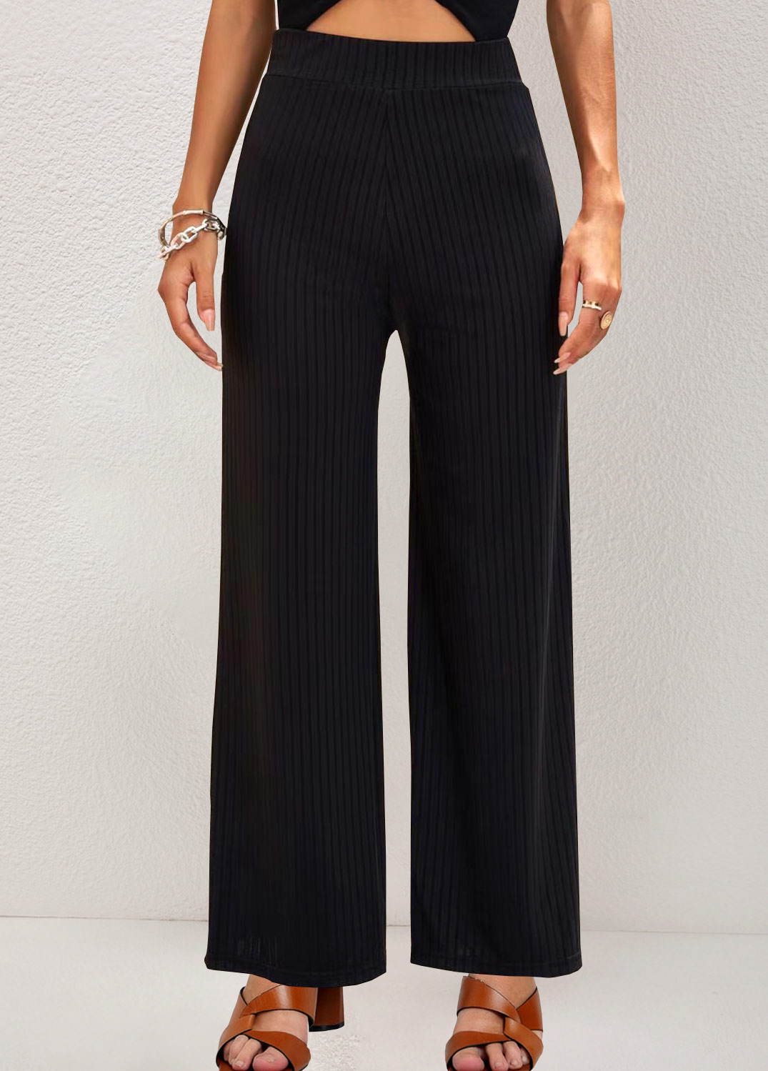 Straight Leg Black Elastic High Waisted Pants | modlily.com - USD 17.98