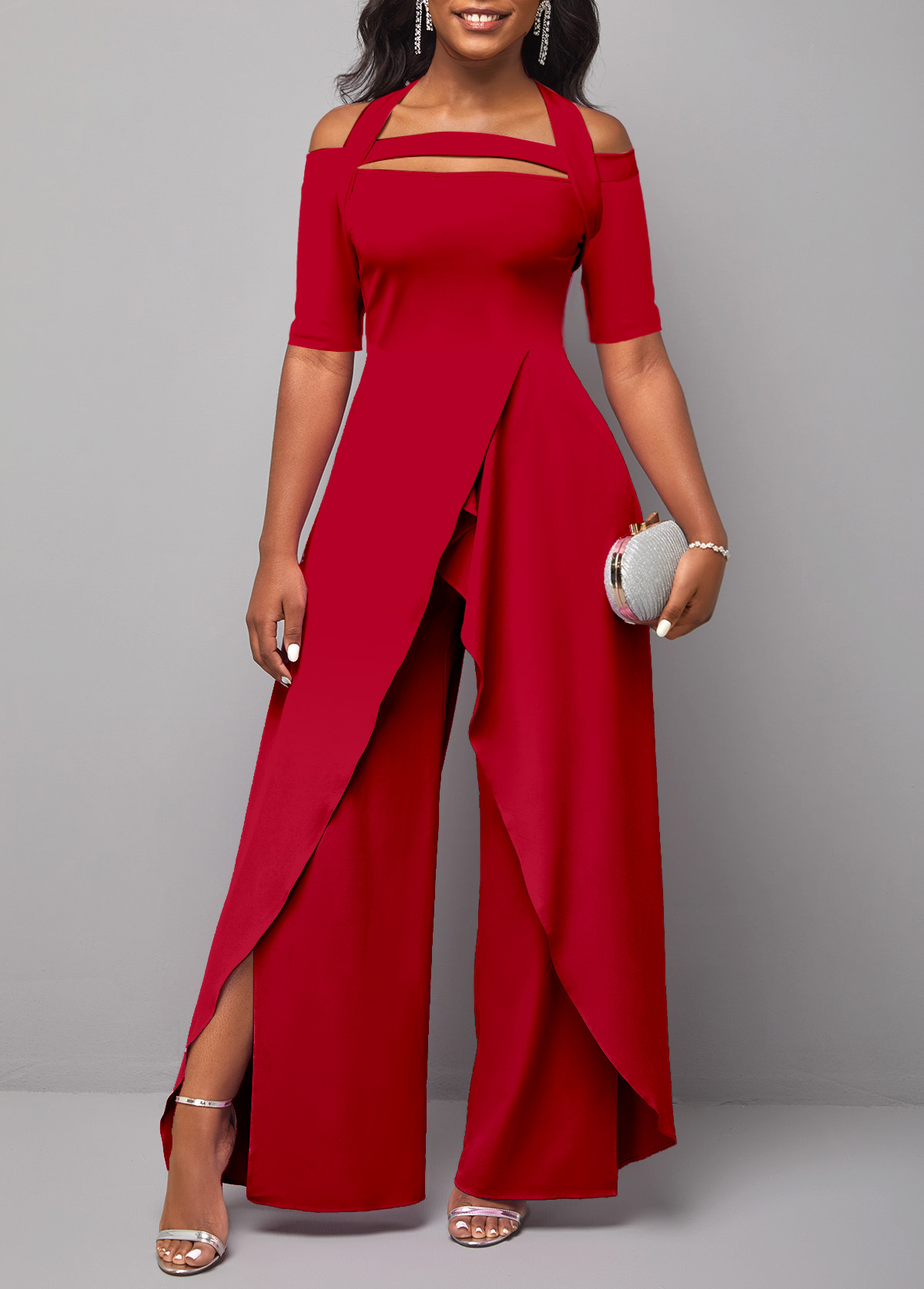 Red Tie Short Sleeve Halter Cold Shoulder Jumpsuit | modlily.com - USD ...