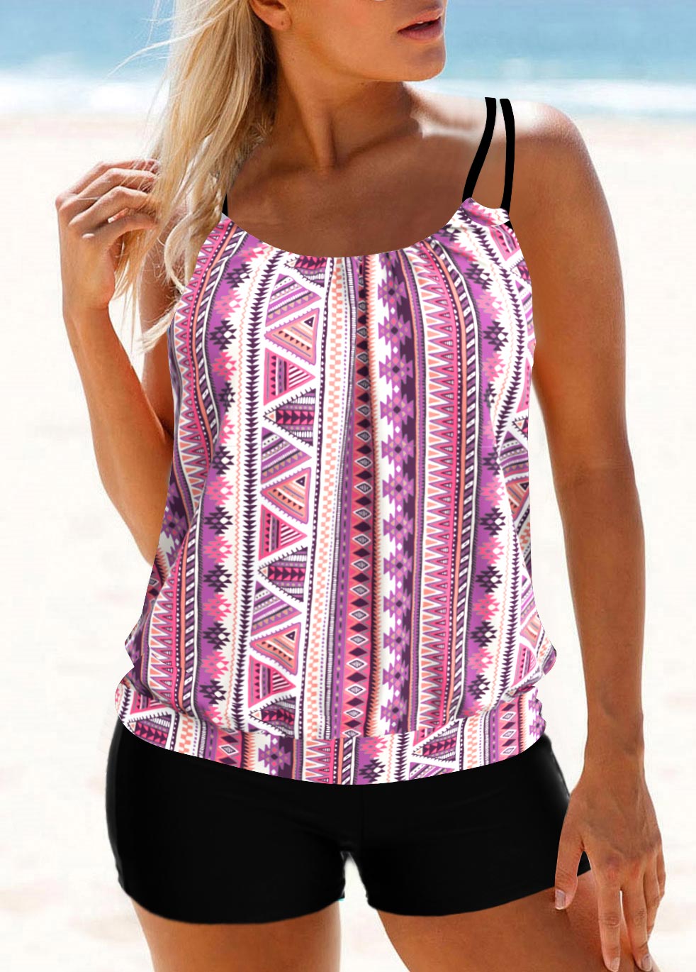 Geometric Print Light Pink Double Straps Tankini Top | modlily.com ...