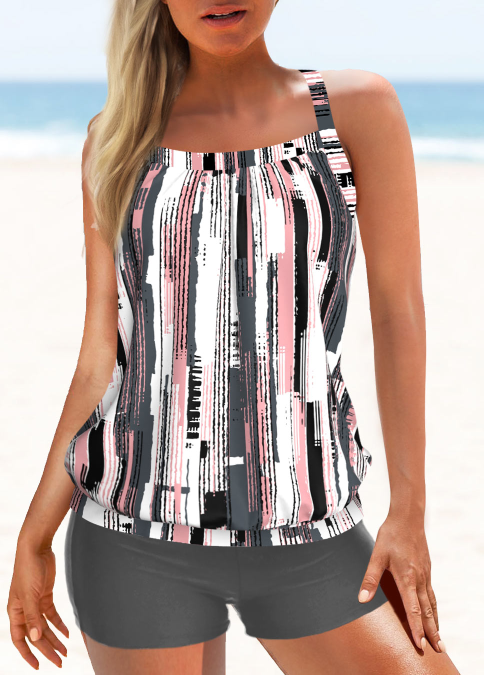 Criss Cross Geometric Print Grey Tankini Top | modlily.com - USD 35.98