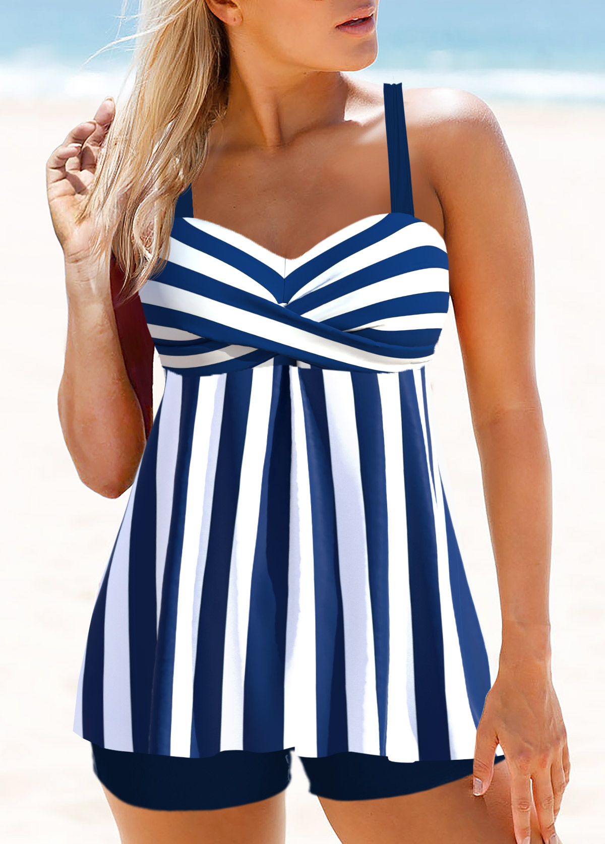 Criss Cross Striped Navy Tankini Top | modlily.com - USD 33.98