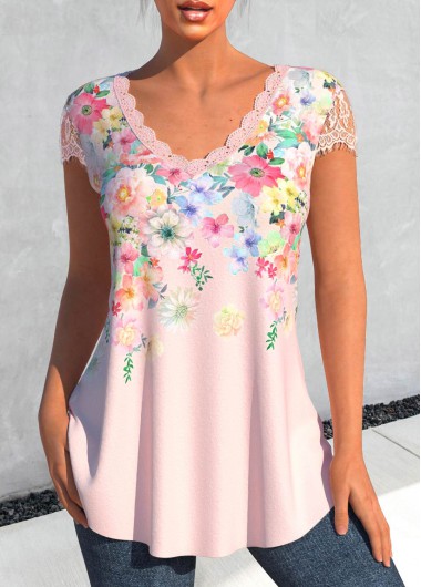 Light Pink Patchwork Floral Print T Shirt | modlily.com - USD 21.98