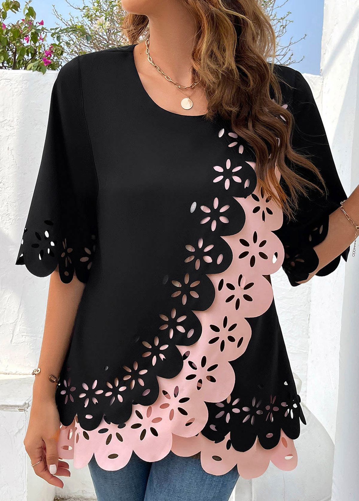 Black Patchwork Half Sleeve Round Neck Blouse-an amazing $42.98-Tops ...