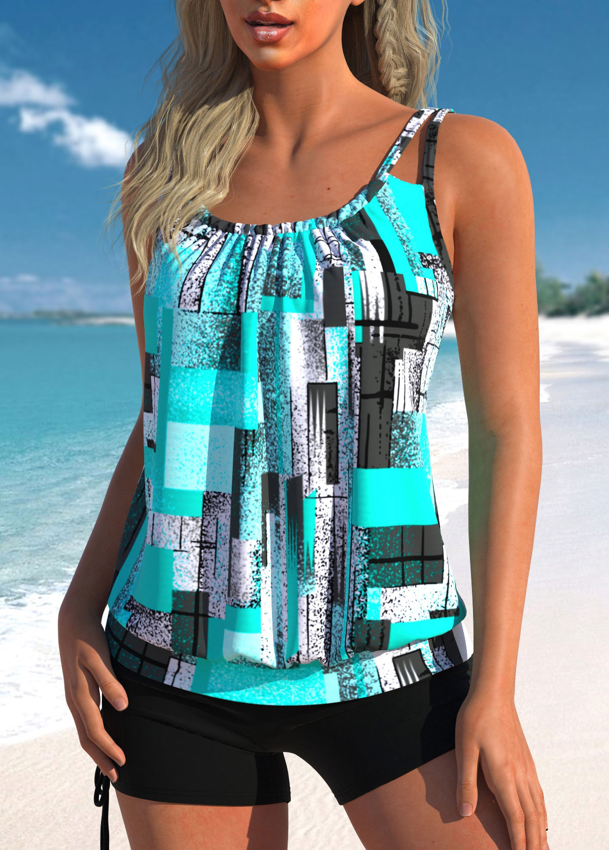 Ruched Geometric Print Cyan Tankini Top | modlily.com - USD 33.98