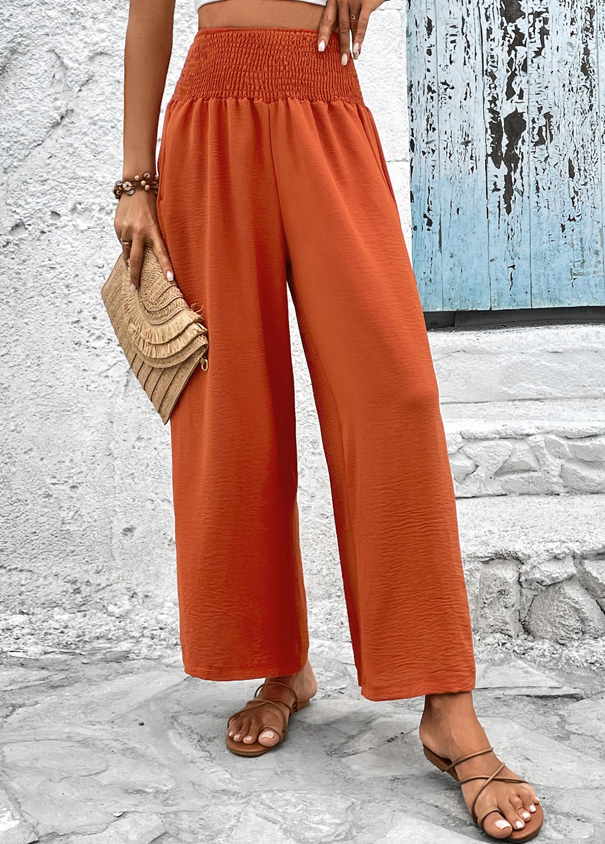 Brick Red Smocked Elastic Waist High Waisted Pants-an amazing $34.98 ...