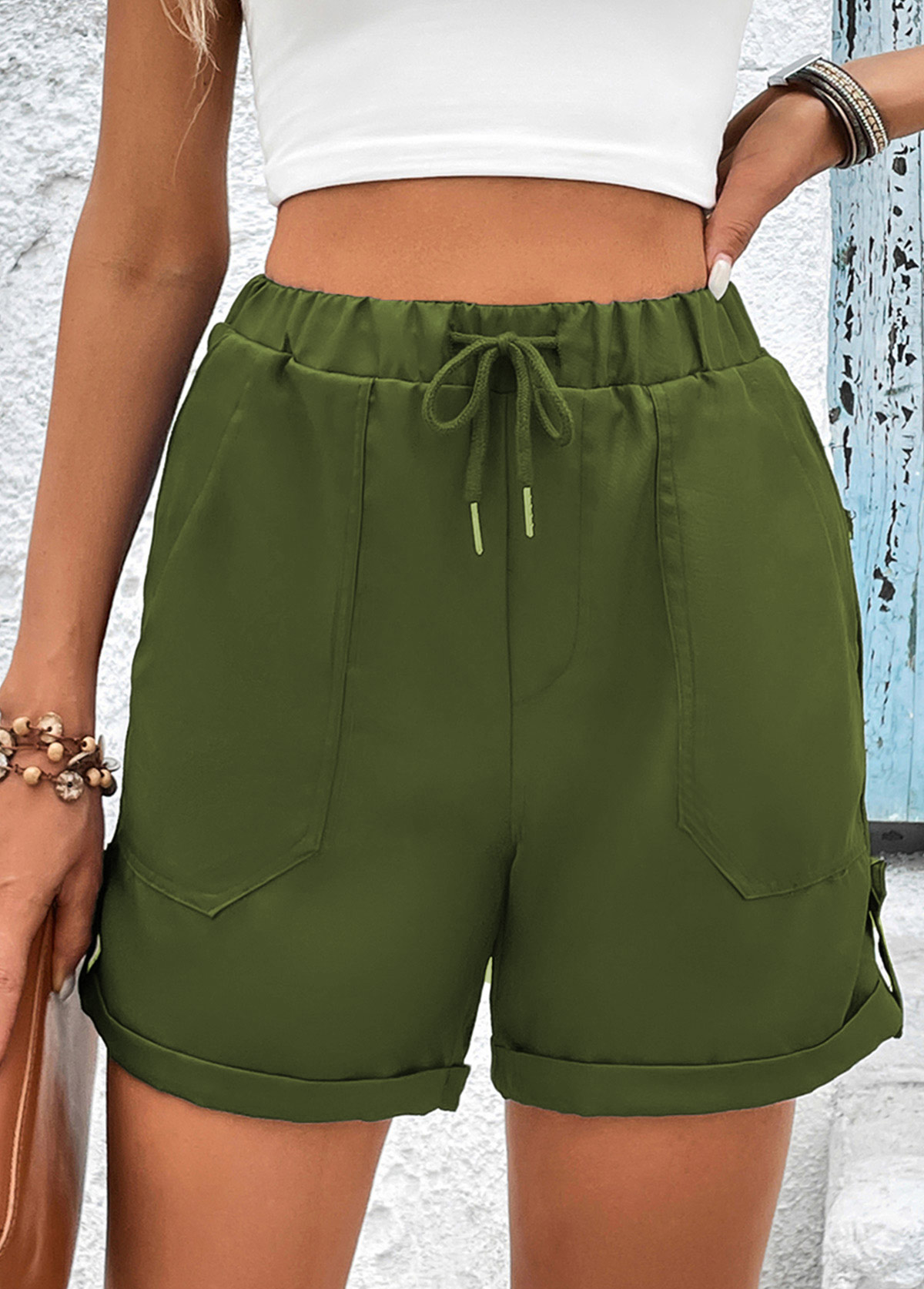 Olive Green Pocket Drawastring High Waisted Shorts | modlily.com - USD ...