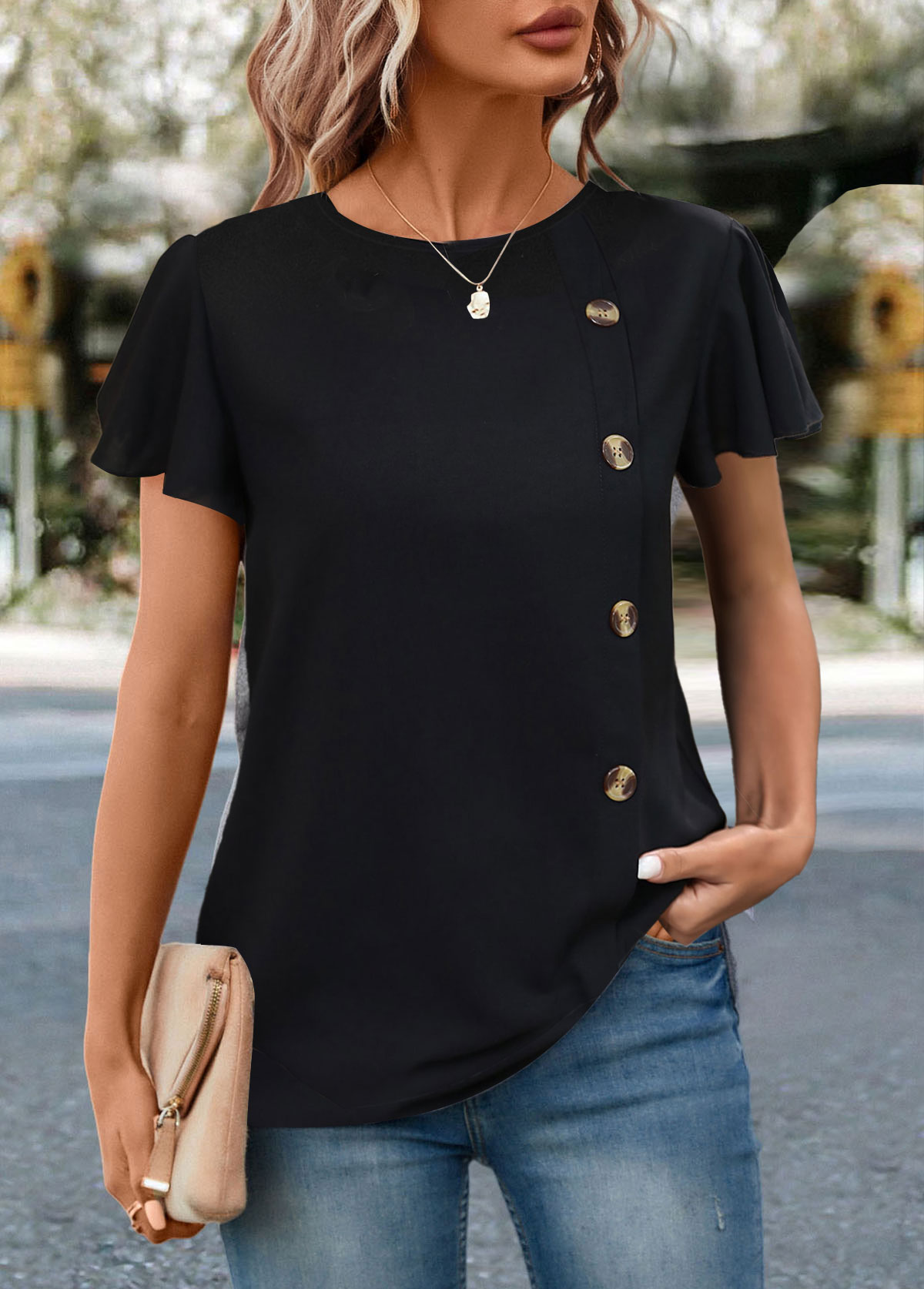 Black Button Short Sleeve Round Neck T Shirt | modlily.com - USD 21.98