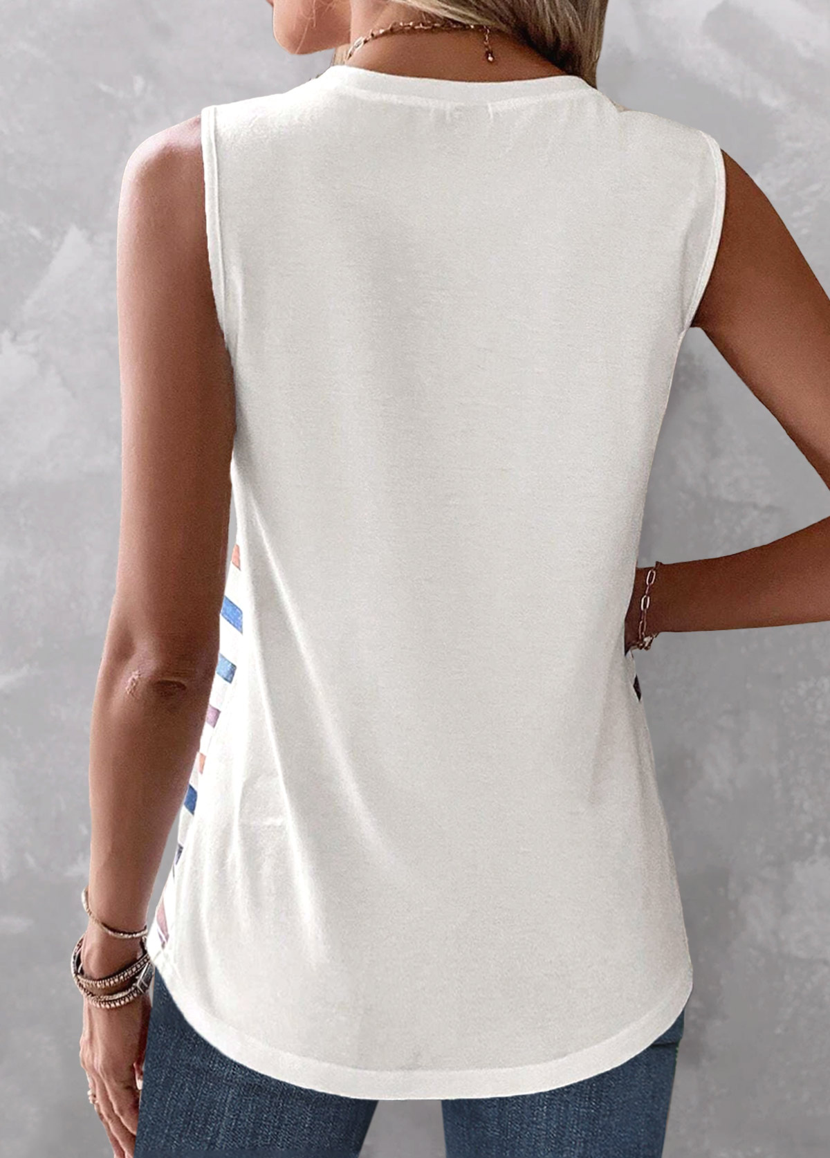 White Button Striped Round Neck Tank Top | modlily.com - USD 27.98