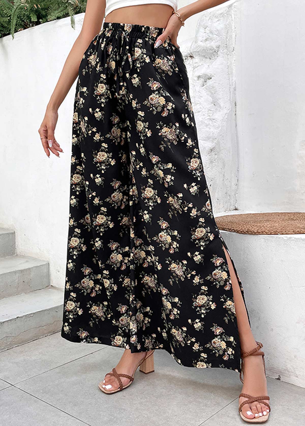 Black Split Ditsy Floral Print Flare Leg Pants | modlily.com - USD 22.98