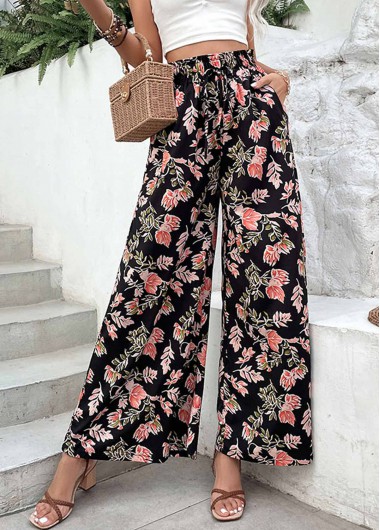 Black Lightweigh Floral Print Elastic Waist Pants | modlily.com - USD 34.98