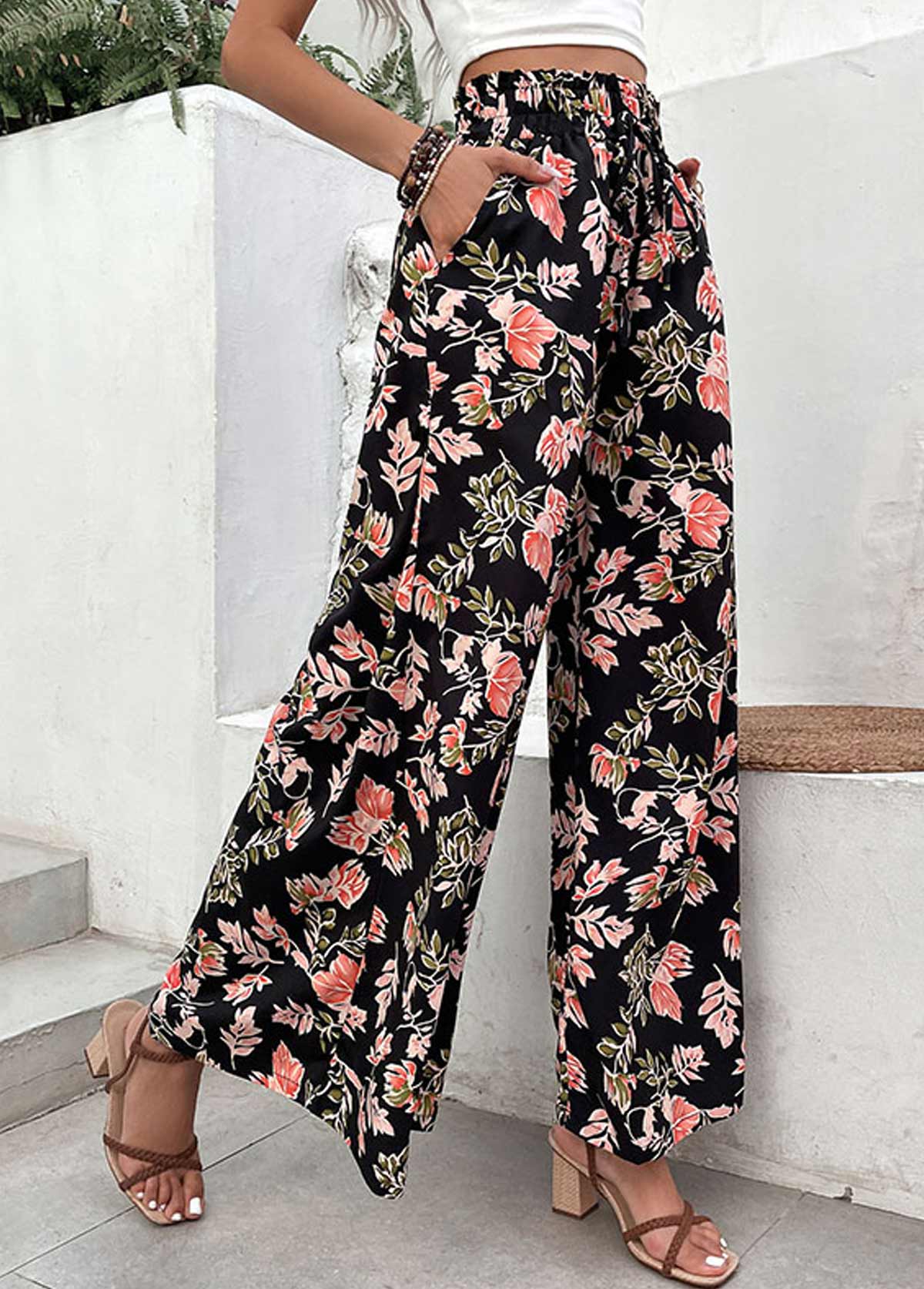 Black Lightweigh Floral Print Elastic Waist Pants | modlily.com - USD 34.98