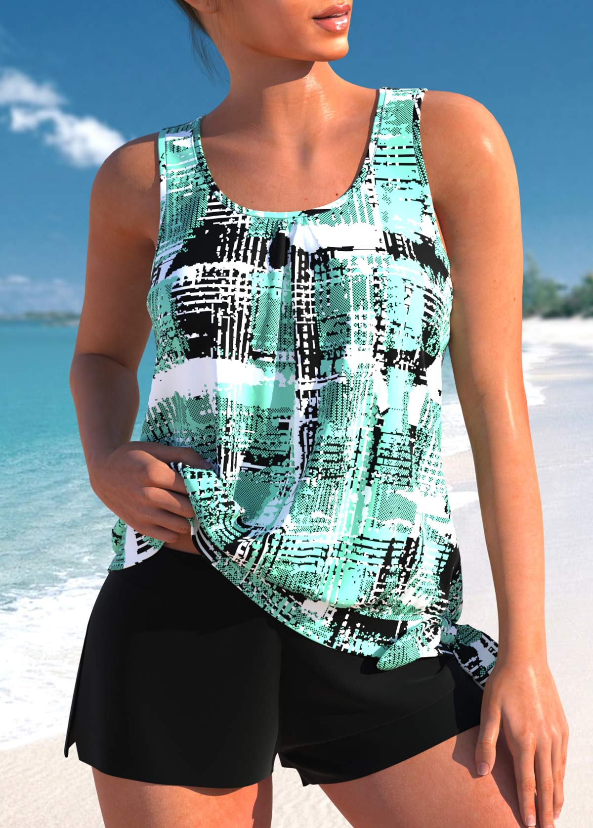 Mint Green Black Geometric Print Mid Waisted Bowknot Tankini Set ...