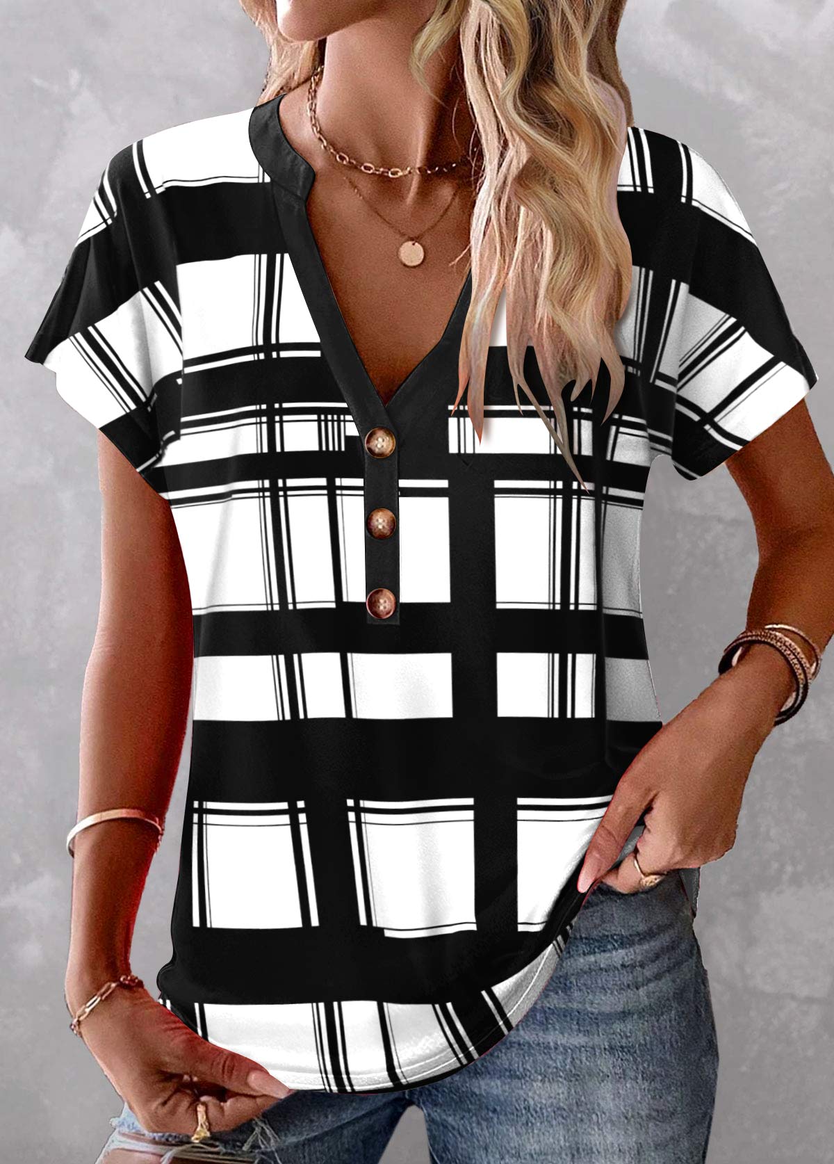 Black Button Plaid Short Sleeve T Shirt-an amazing $34.98-Tops for ...
