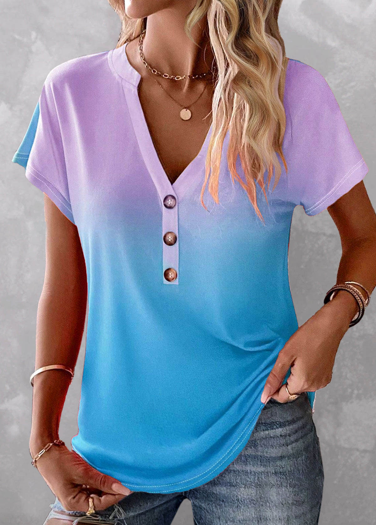 Sky Blue Button Ombre Short Sleeve T Shirt | modlily.com - USD 29.98