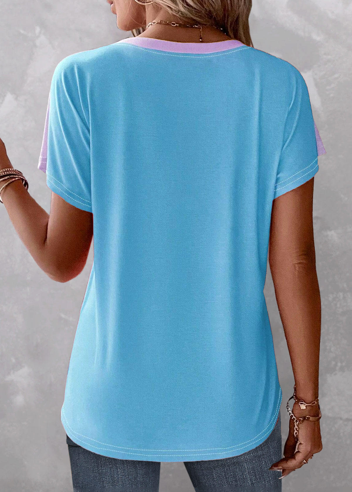 Sky Blue Button Ombre Short Sleeve T Shirt | modlily.com - USD 29.98