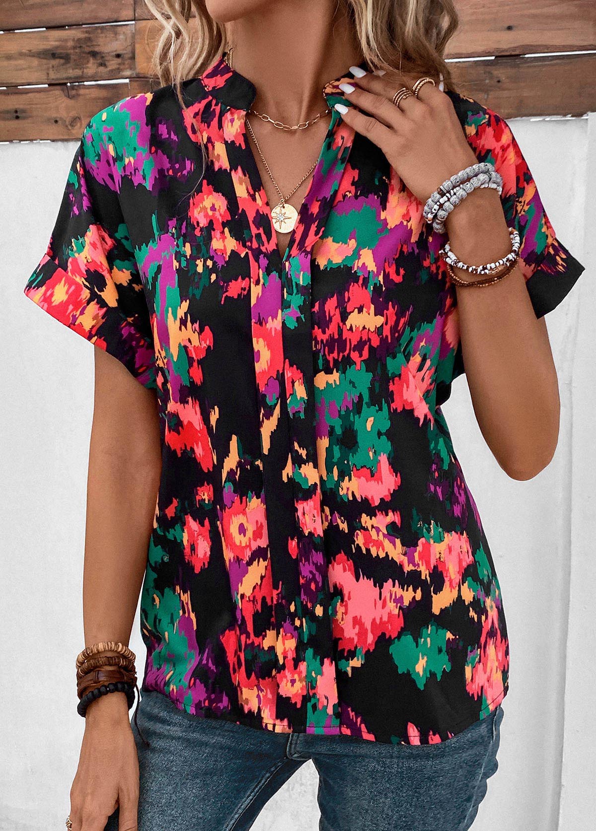 Multi Color Patchwork Dazzle Colorful Print Blouse-an amazing $33.98 ...