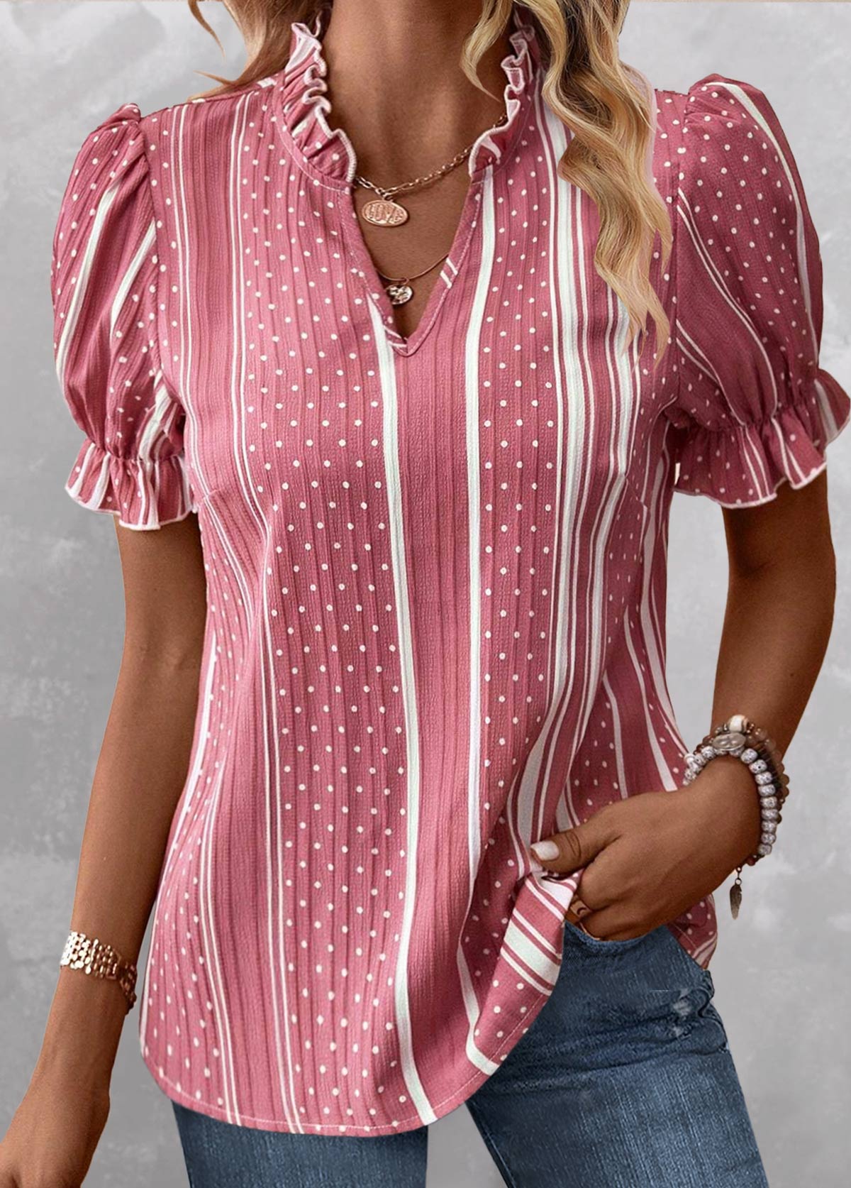 Pink V-Neck Puff Sleeve Split Striped Blouse – Tummy Control Casual ...