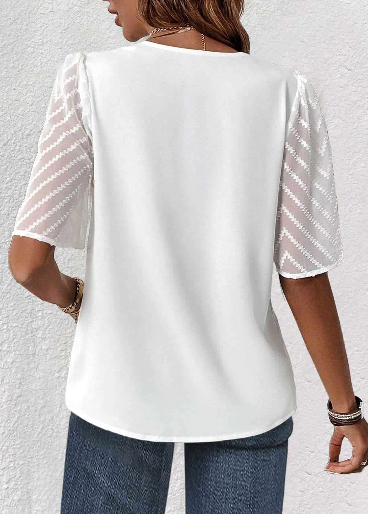 White Patchwork Half Sleeve V Neck Blouse | modlily.com - USD 33.98