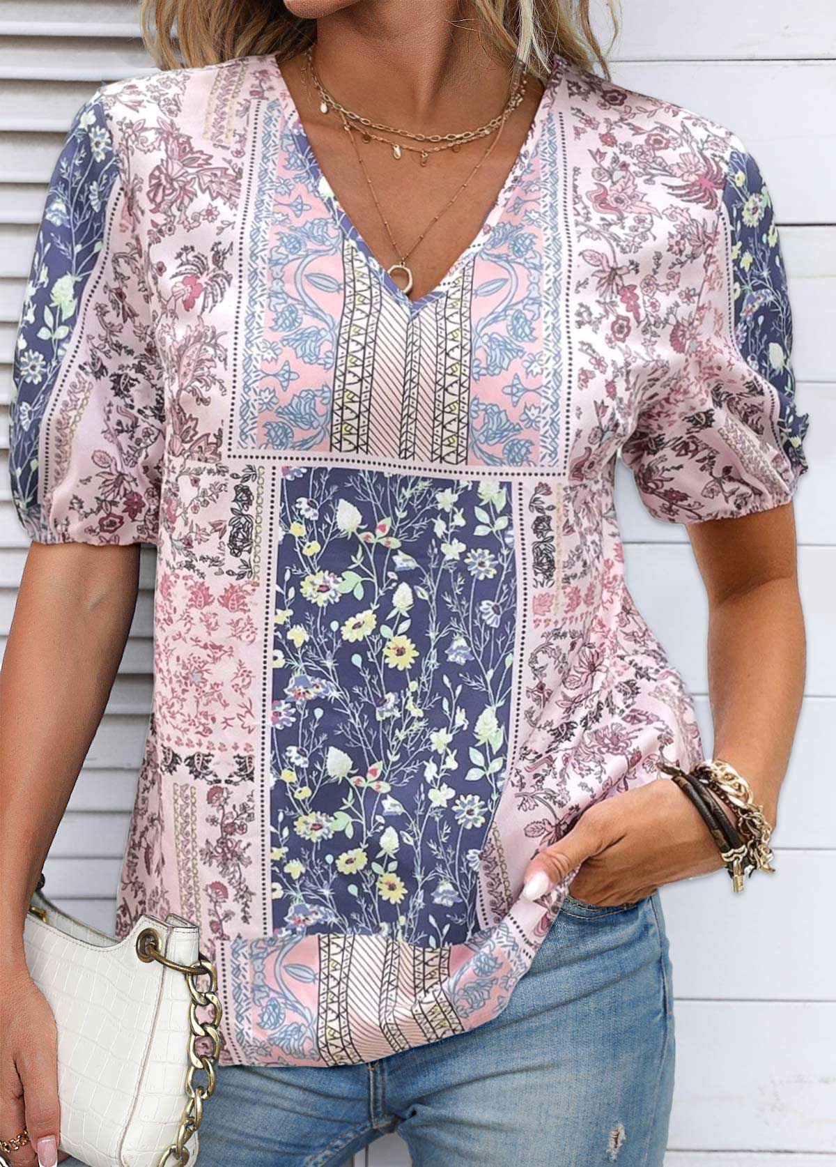 Light Pink Patchwork Ditsy Floral Print Blouse | modlily.com - USD 23.98
