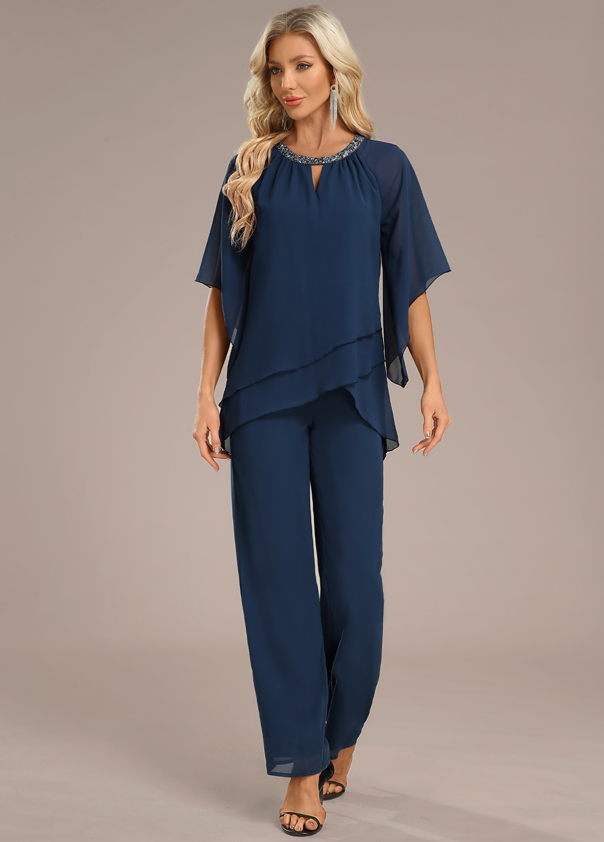 Navy Layered Long Three Quarter Length Sleeve Jumpsuit | modlily.com ...