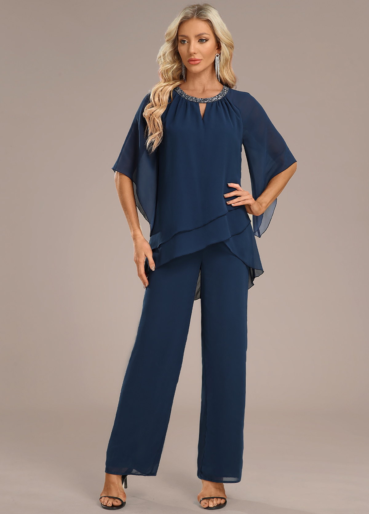 Navy Layered Long Three Quarter Length Sleeve Jumpsuit | modlily.com ...