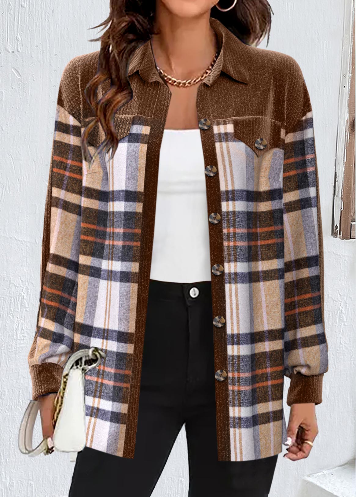 Light Coffee Patchwork Plaid Long Sleeve Coat-an amazing $14.98-Tops ...