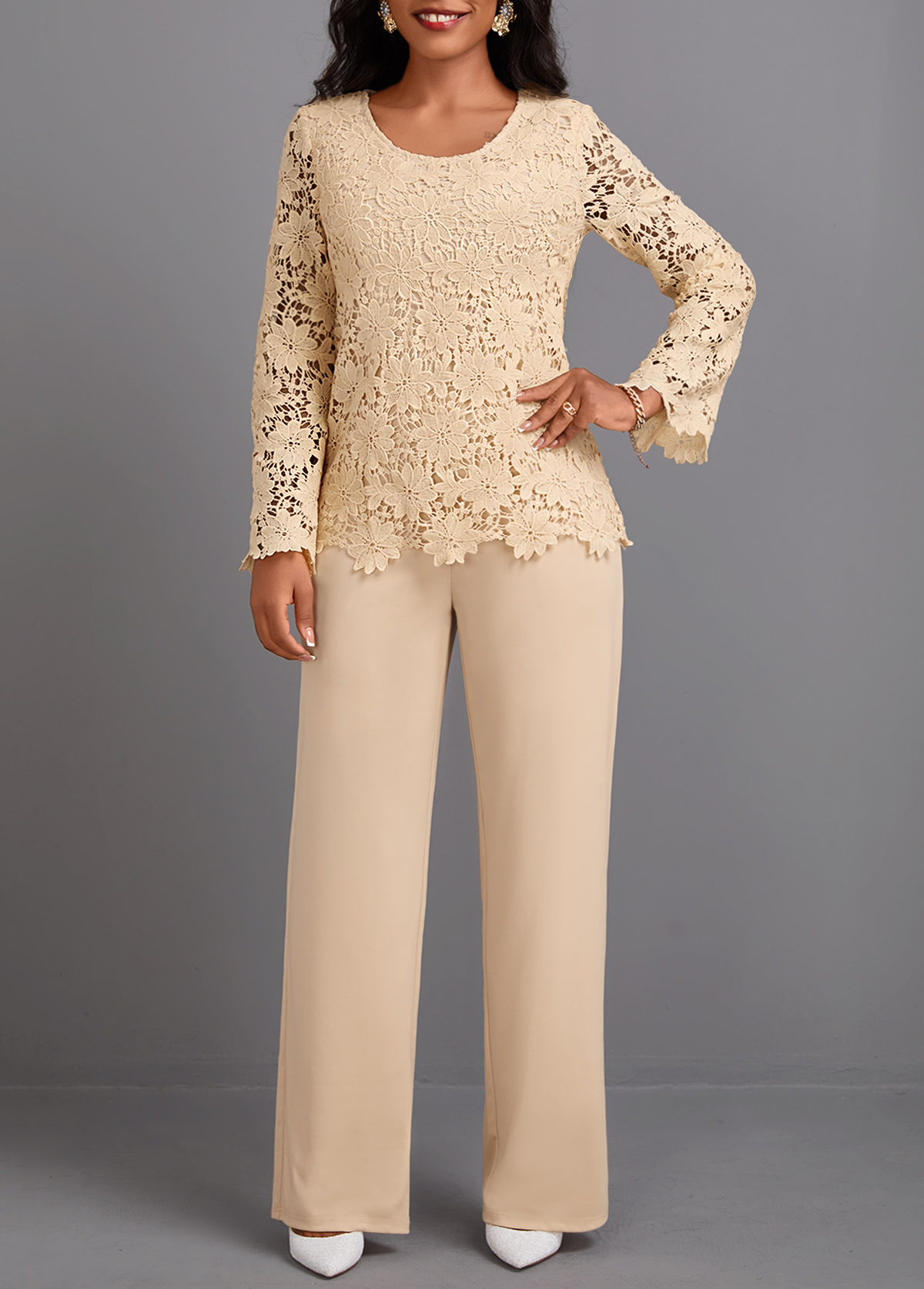 Skin Color Lace Long Round Neck Jumpsuit | modlily.com - USD 42.98