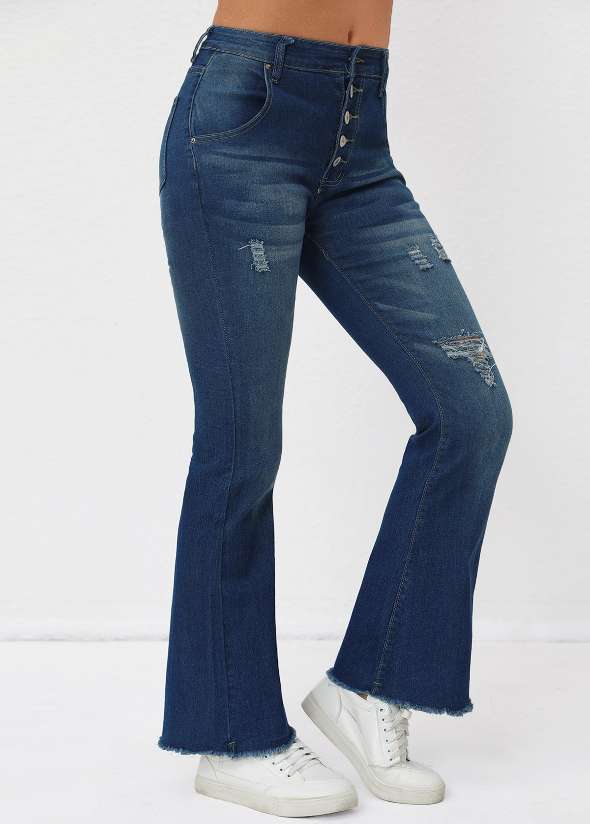 Denim Blue Pocket Flare Leg Button Fly Jeans | modlily.com - USD 33.98