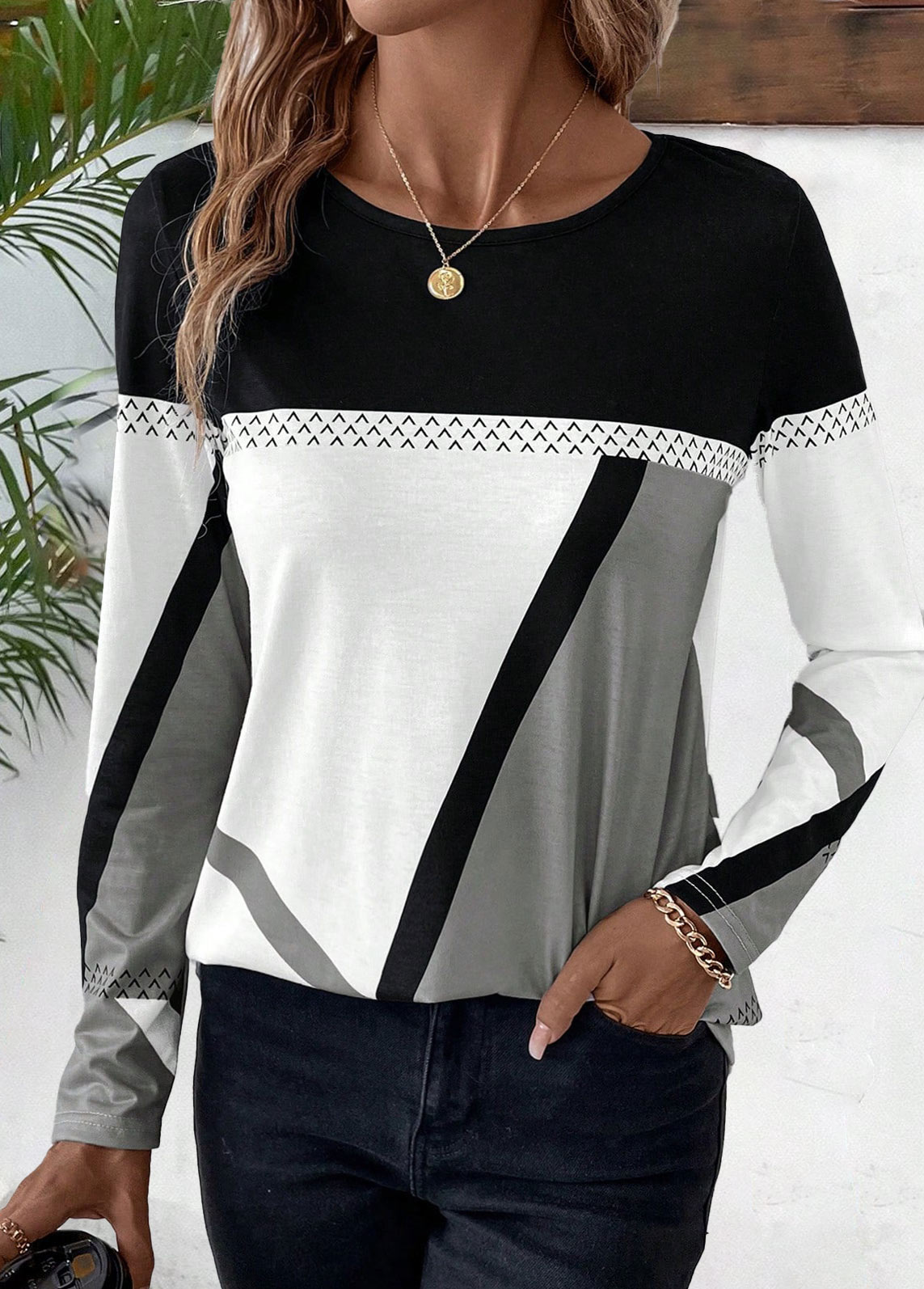 Multi Color Patchwork Geometric Print Long Sleeve T Shirt | modlily.com ...