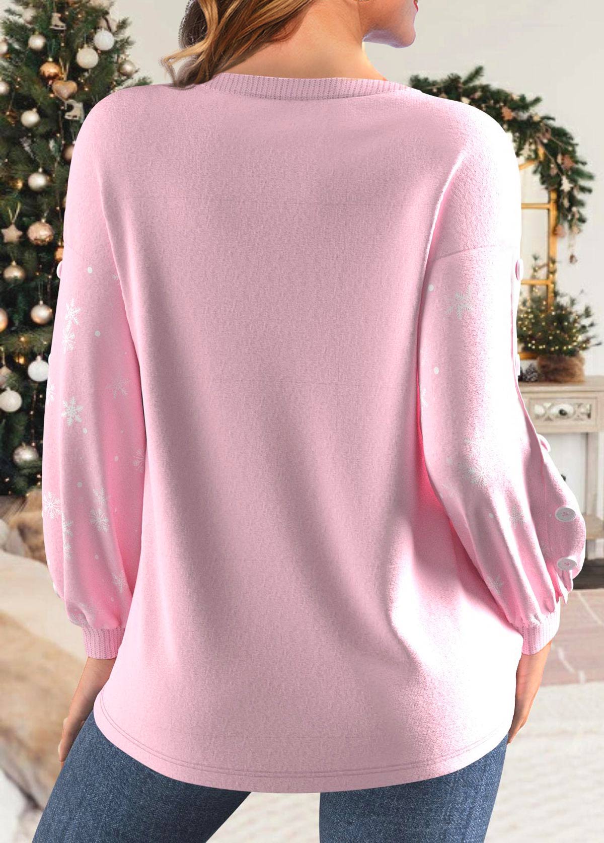 Light Pink Button Christmas Print Long Sleeve Sweatshirt | modlily.com ...