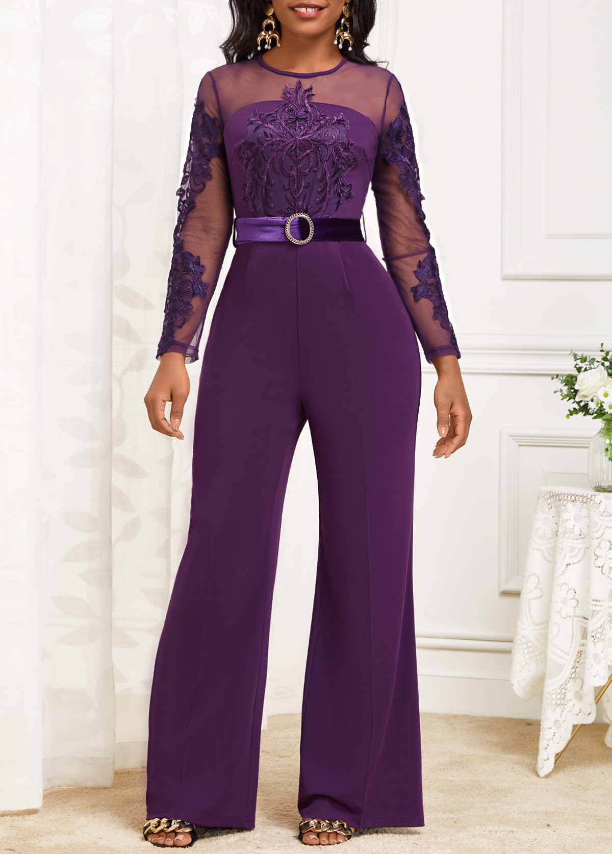 Purple Velvet Long Belted Round Neck Jumpsuit | modlily.com - USD 47.98