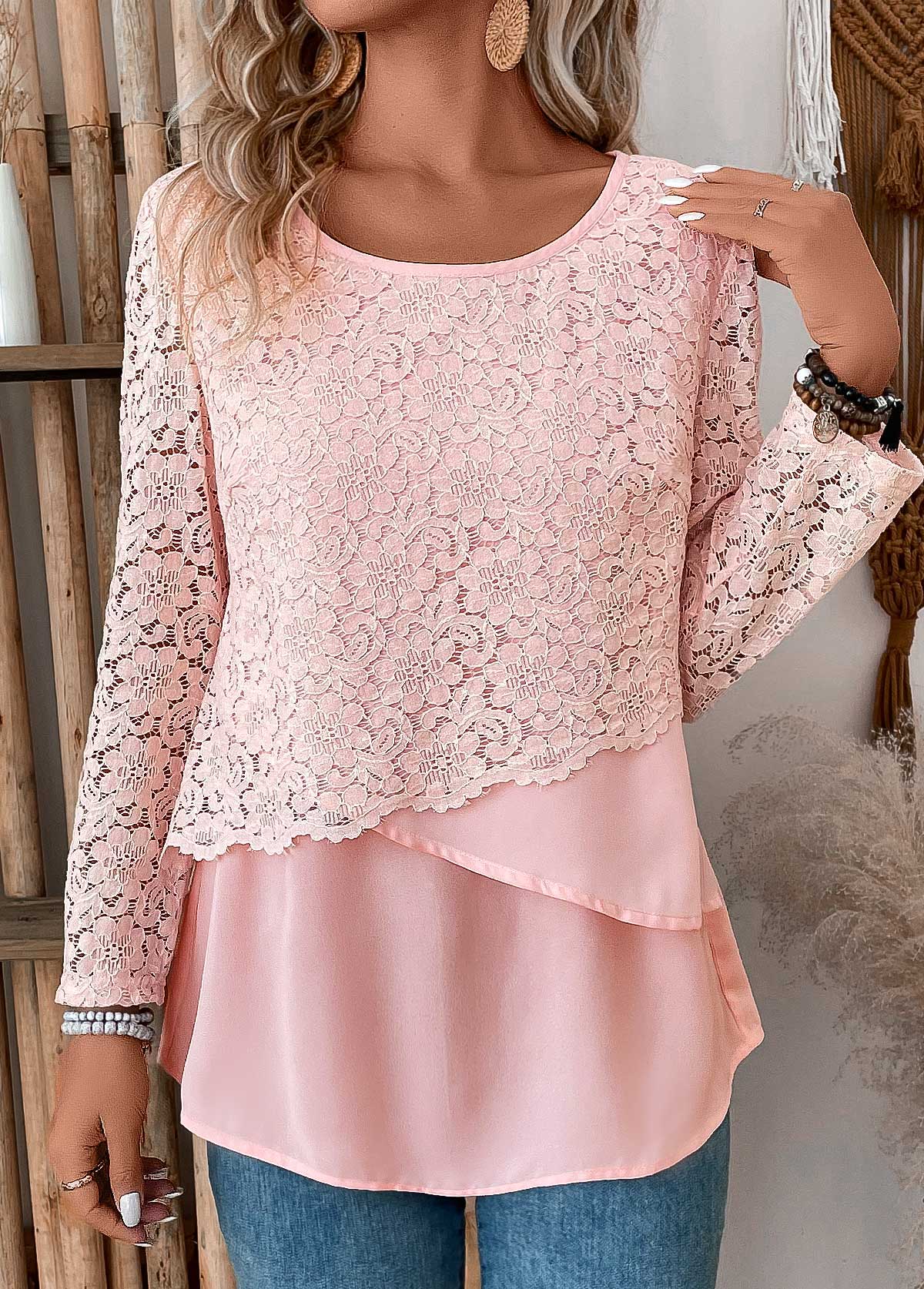 Light Pink Lace Long Sleeve Round Neck Blouse | modlily.com - USD 17.98