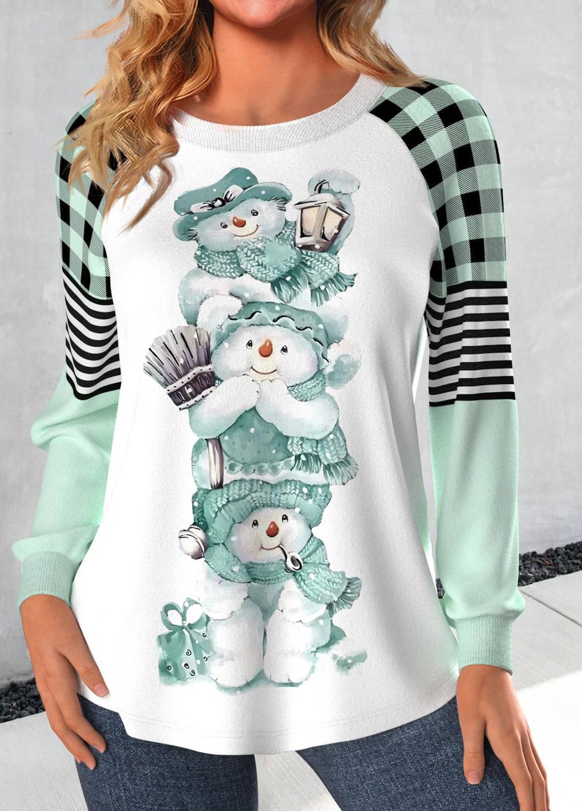 Mint Green Patchwork Snowman Print Christmas Sweatshirt | modlily.com ...