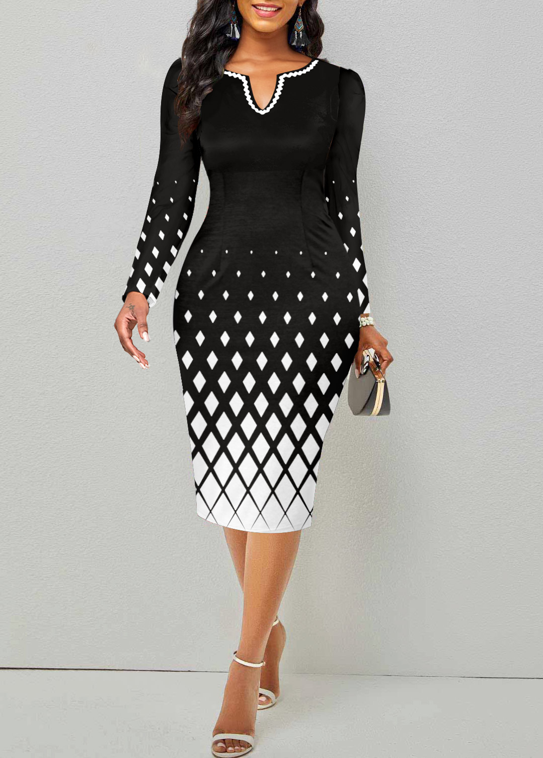 Black Patchwork Geometric Print Long Sleeve Dress | modlily.com - USD 32.98