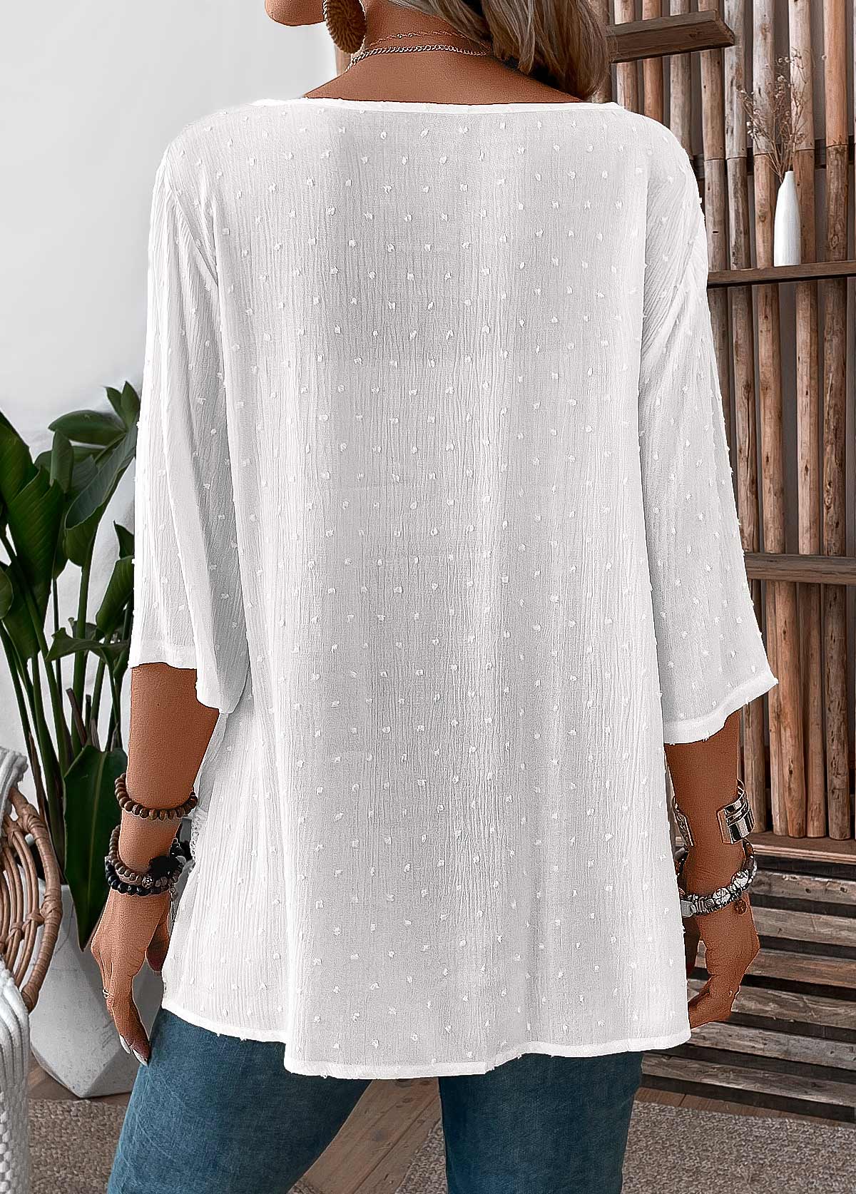 White Patchwork 3/4 Sleeve V Neck Blouse | modlily.com - USD 36.98